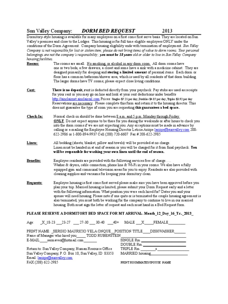 Dorm Bed Request 2013 | PDF | Dormitory | Paycheck