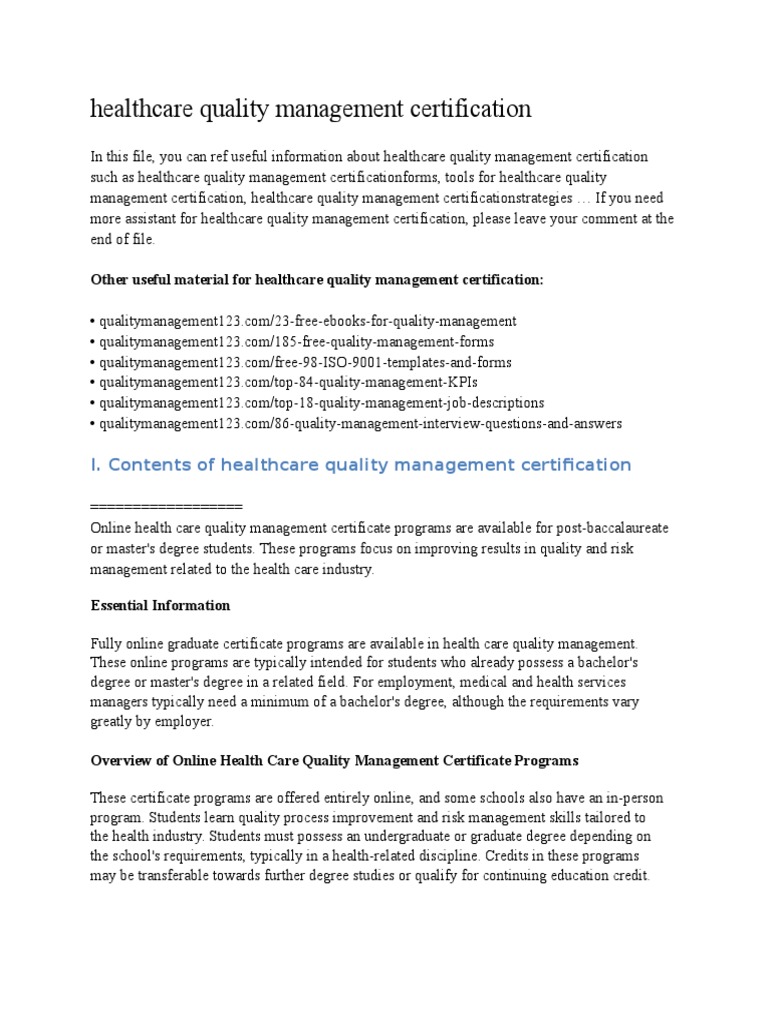 Healthcare Quality Management Certification | PDF | Scatter Plot ...