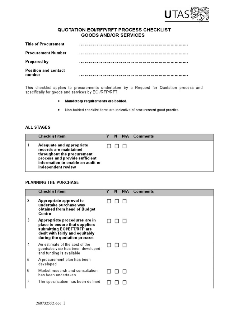 Quotation Eoi/Rfp/Rft Process Checklist Goods And/Or Services | PDF ...
