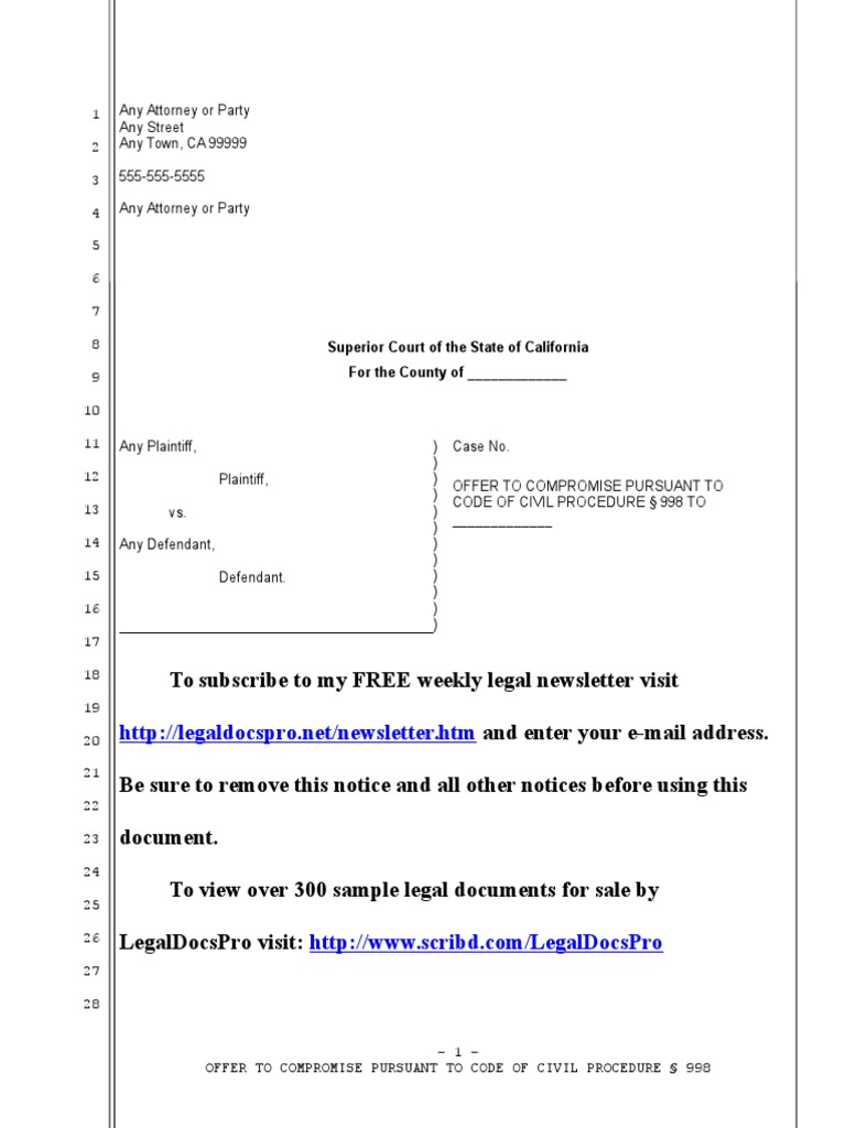 Sample Offer To Compromise For California Pursuant To Code of Civil ...