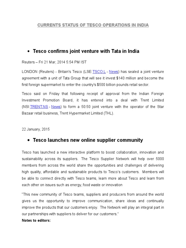 Currents Status of Tesco Operations in India | PDF | Tesco | Joint Venture