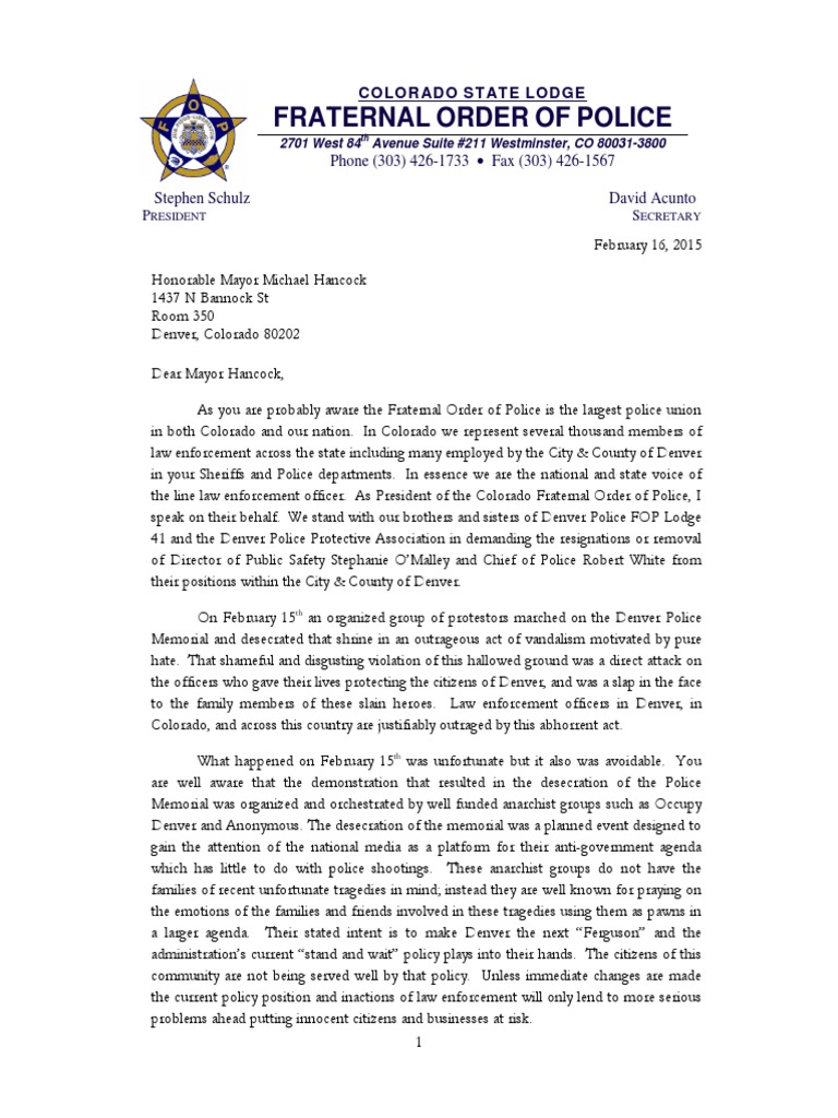 Fraternal Order of Police Letter To Michael Hancock PDF | PDF | Police ...