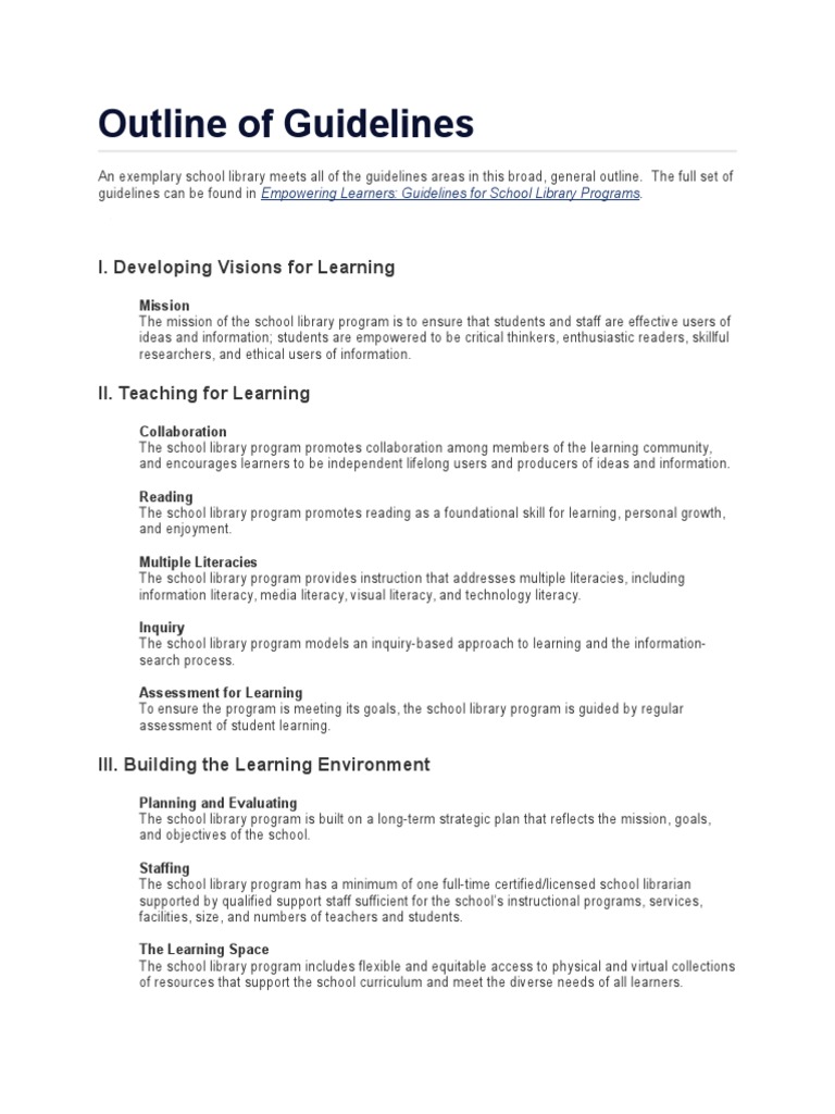 Outline of Guidelines: I. Developing Visions For Learning | PDF ...