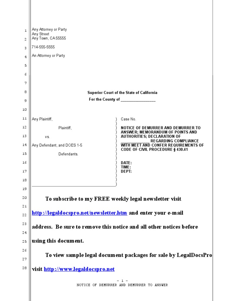 Sample Demurrer To Answer For California | PDF | Demurrer | Pleading