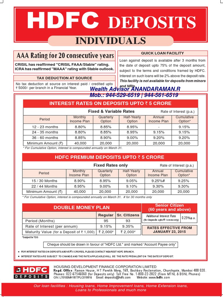 HDFC Fixed Deposits Individual Application Form Contact Wealth Advisor Anandaraman @ 944-529 ...