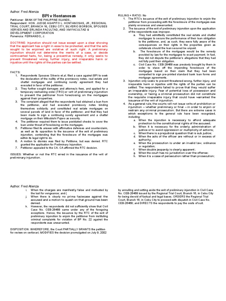 BPI V Hontanosas | PDF | Injunction | Foreclosure