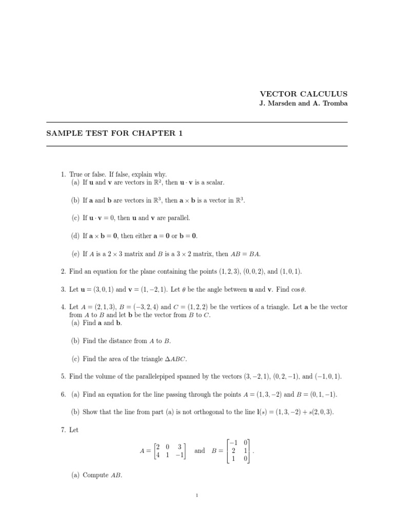 Vector Calculus Chapter 1 Sample Test | PDF | Teaching Methods & Materials