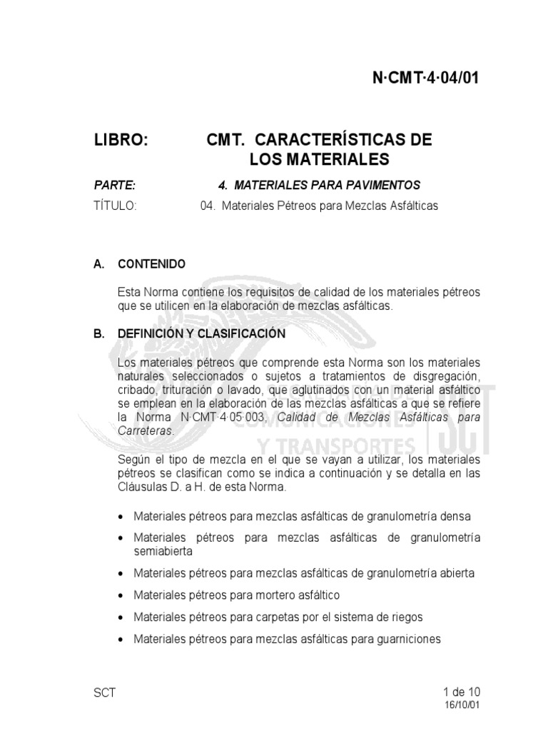 N CMT 4 04 01 | PDF | Calidad (comercial) | Materiales de construcción