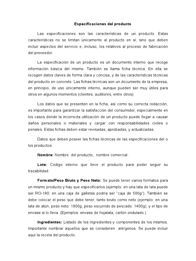 Especificaciones Producto, Proceso, Cliente, y Requerimientos de ...