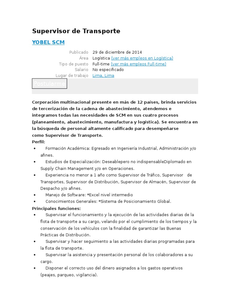 Funciones del Supervisor de Transporte | PDF | Negocios