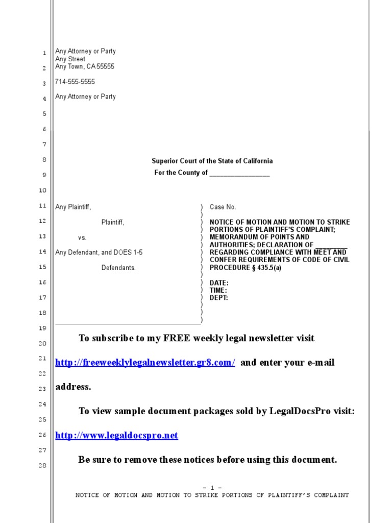 Sample Motion To Strike For California | PDF | Complaint | Lawsuit