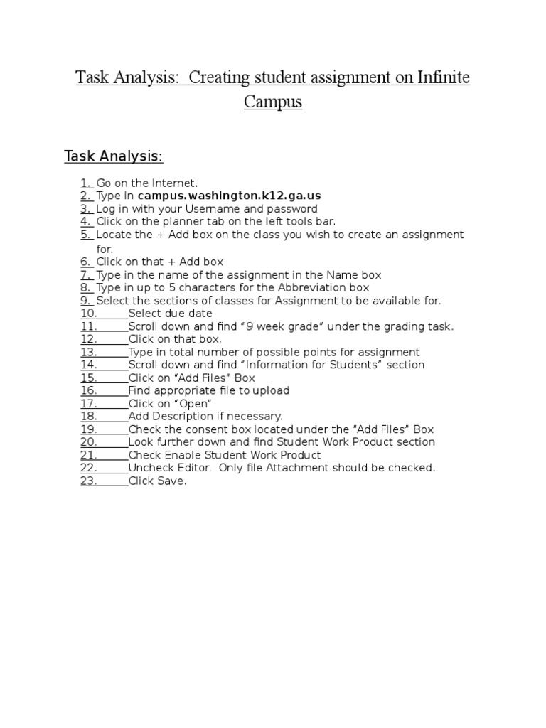 Task Analysis: Creating Student Assignment On Infinite Campus | PDF ...