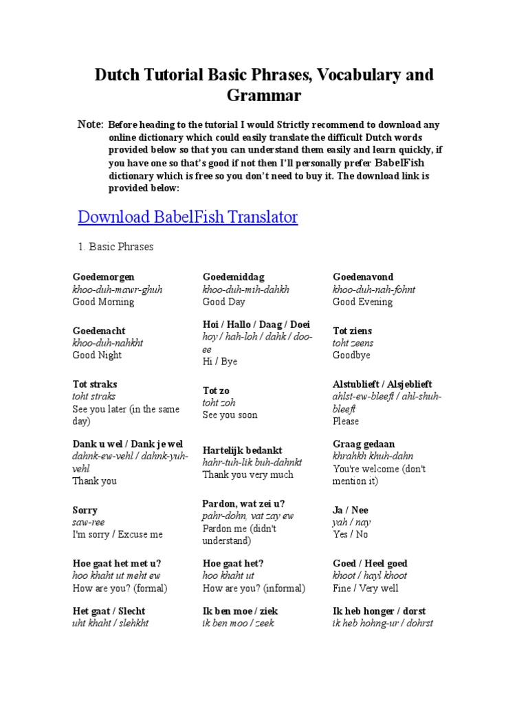 Dutch Tutorial Basic Phrases | PDF
