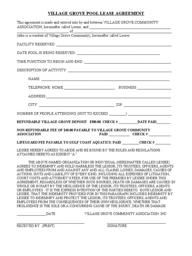 Pool Reservation Form | Lease | Indemnity