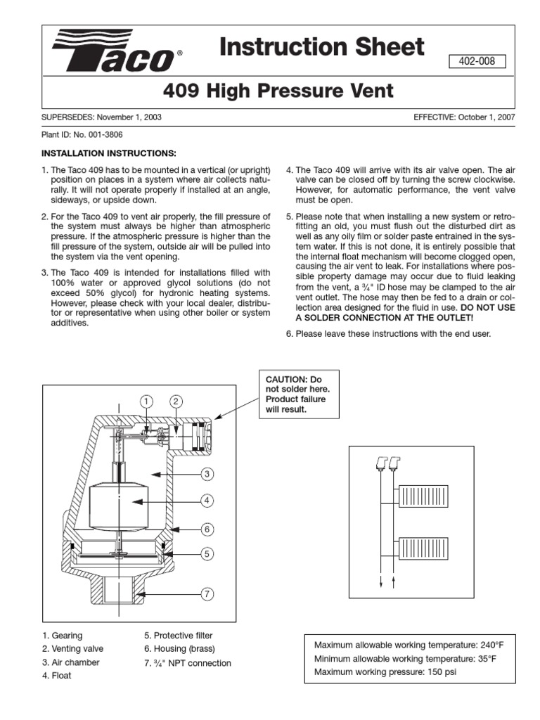 Taco 409 High Pressure Vent Guide | PDF | Mechanical Engineering ...