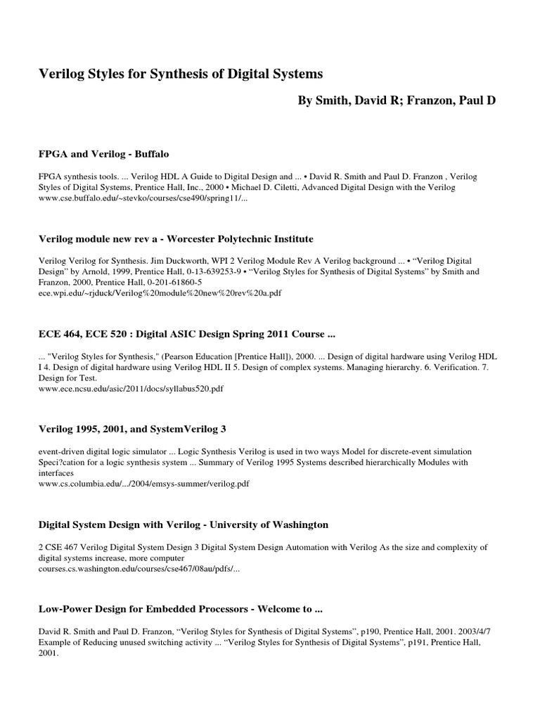 Verilog Styles For Synthesis Of Digital Systems Pdf Hardware Description Language Logic 