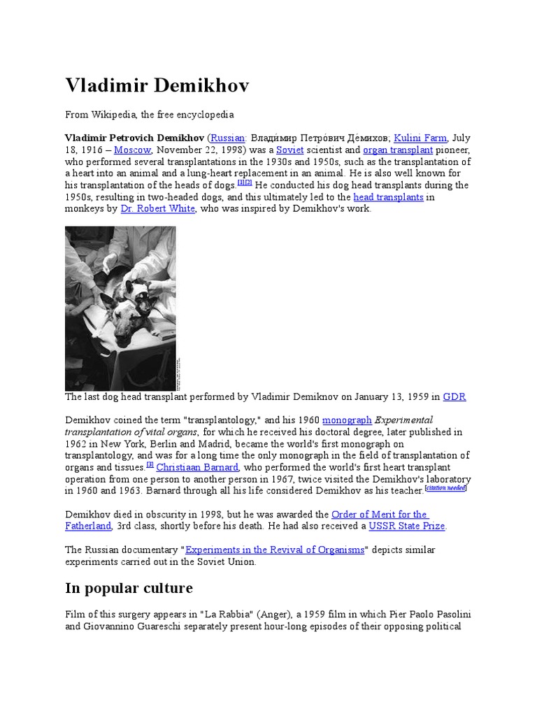 Vladimir Demikhov: Organ Transplant Pioneer | PDF