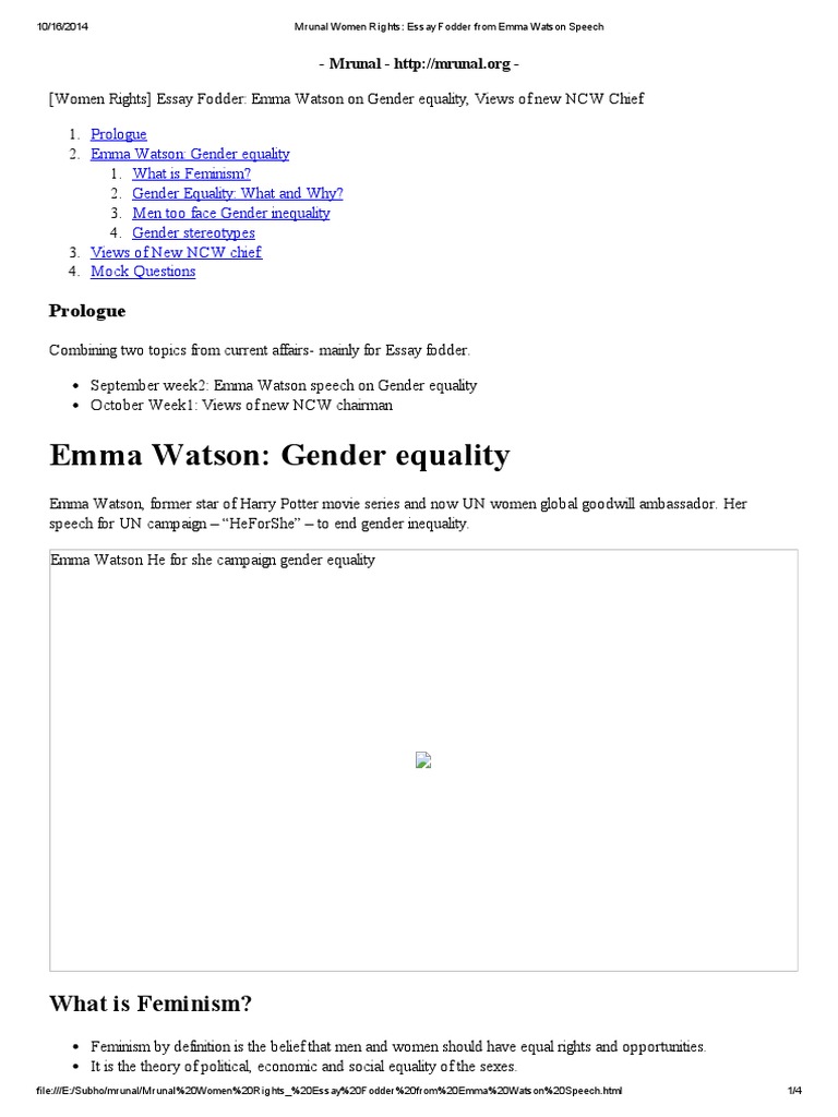 Women Rights - Essay Fodder From Emma Watson Speech | PDF | Gender Role ...