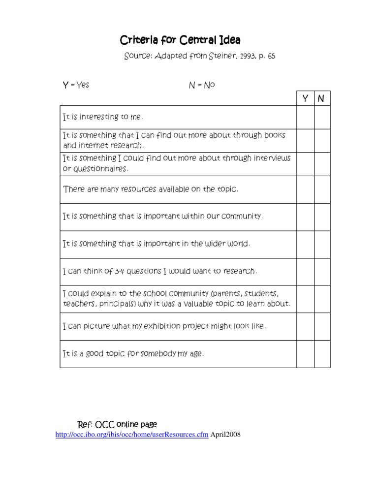 Criteria For Central Idea Criteria For Central Idea Criteria For ...