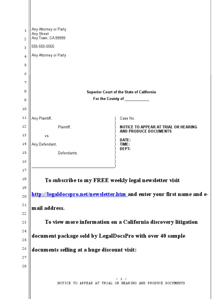 Sample Notice To Appear at Trial and Produce Documents For California ...