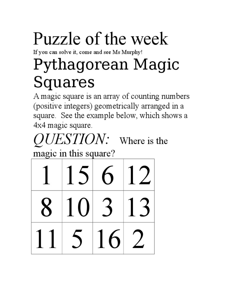 Weekly Puzzle: Pythagorean Magic Square | PDF