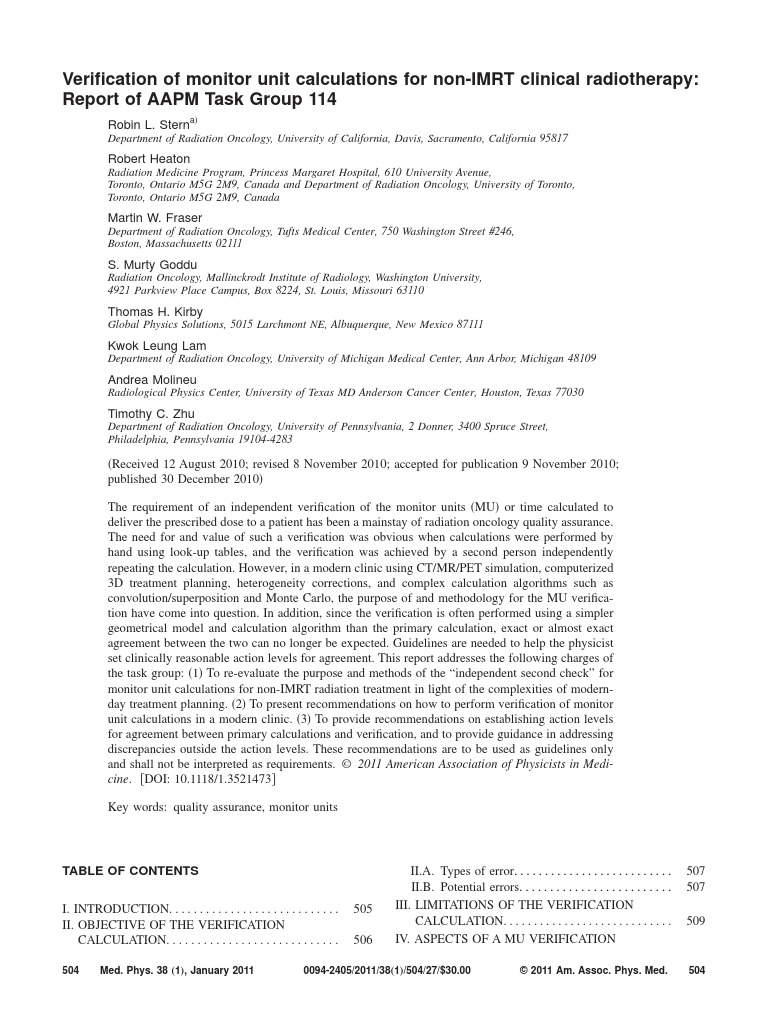 Aapm Tg114 Mu Calc | PDF | Radiation Therapy | Dosimetry