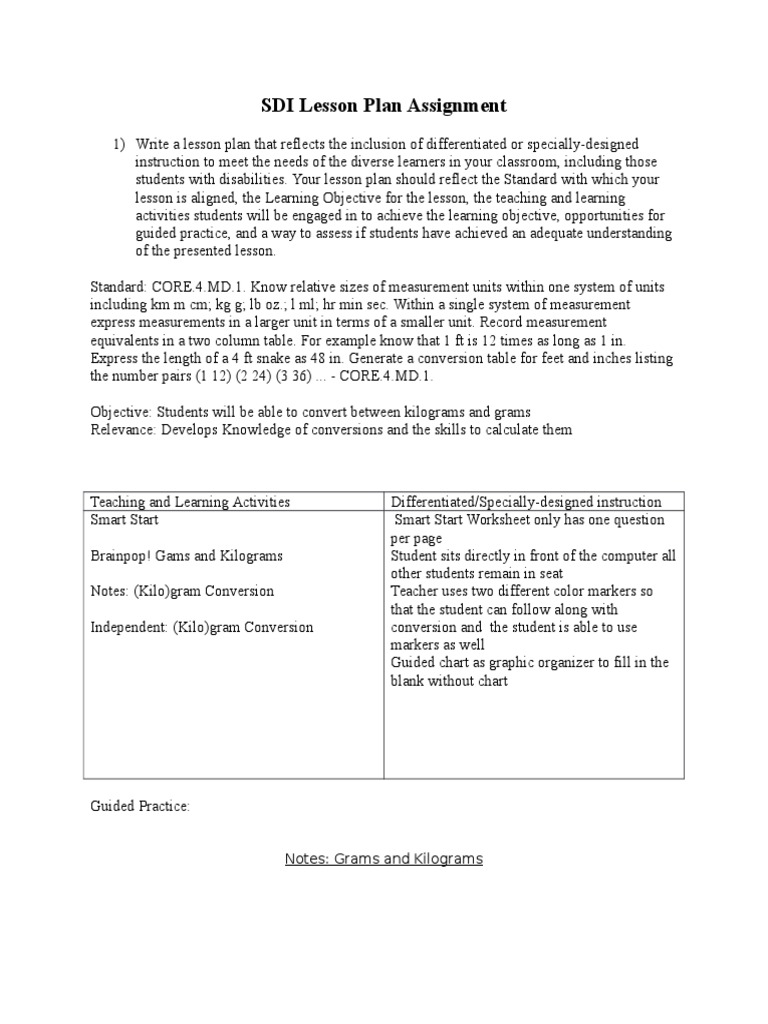 Sdi Lesson Plan Assignment 12 | PDF | Kilogram | Lesson Plan