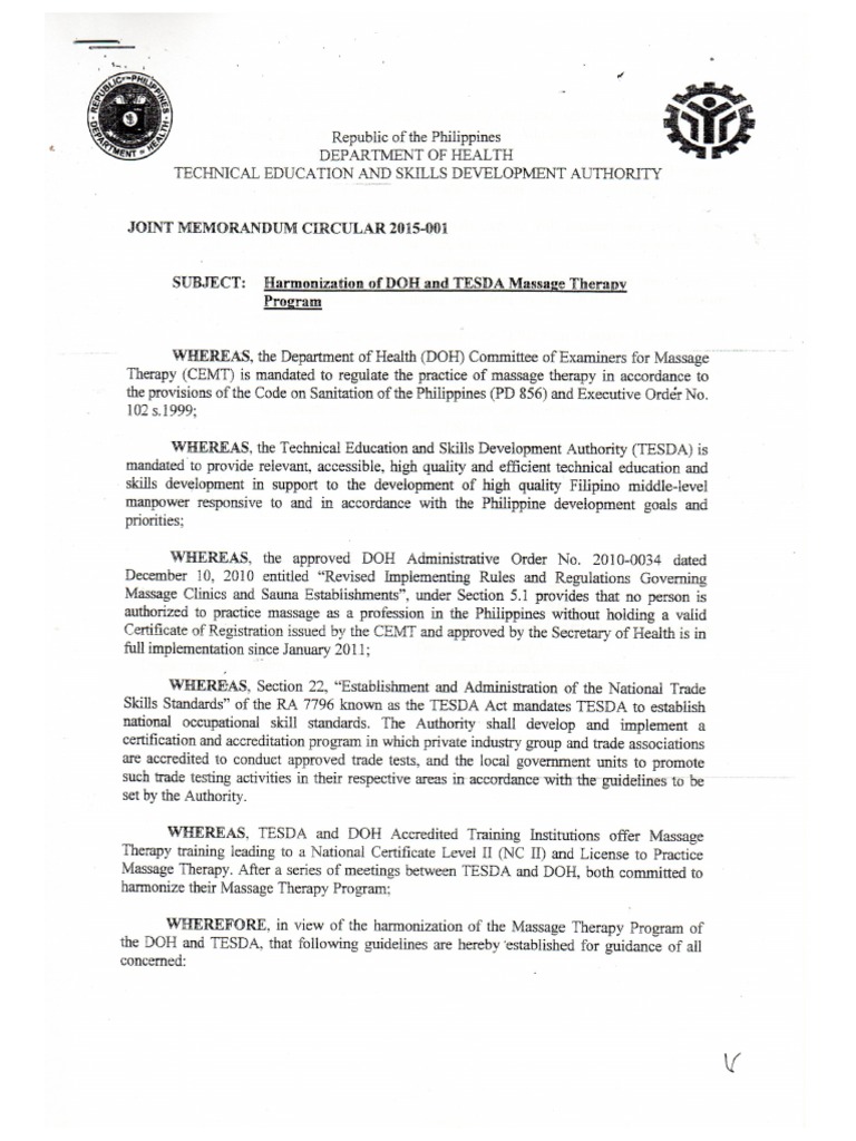 TESDA-DOH Joint Memo Circular 2015-001 | PDF