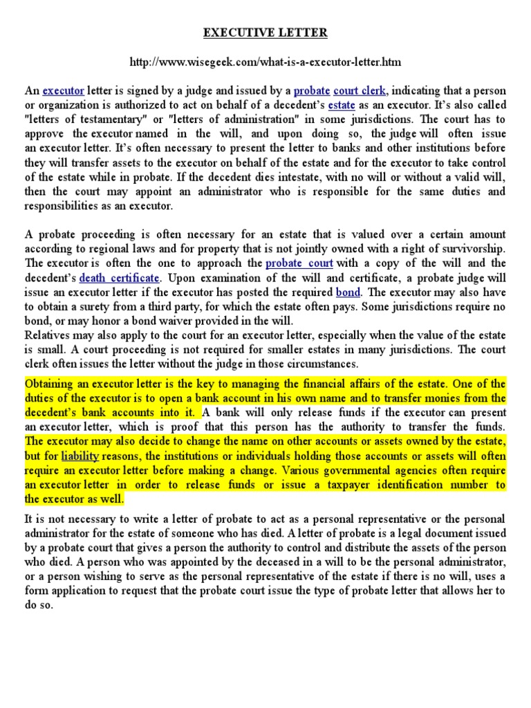 Executor Letter To Bank | PDF | Probate | Executor