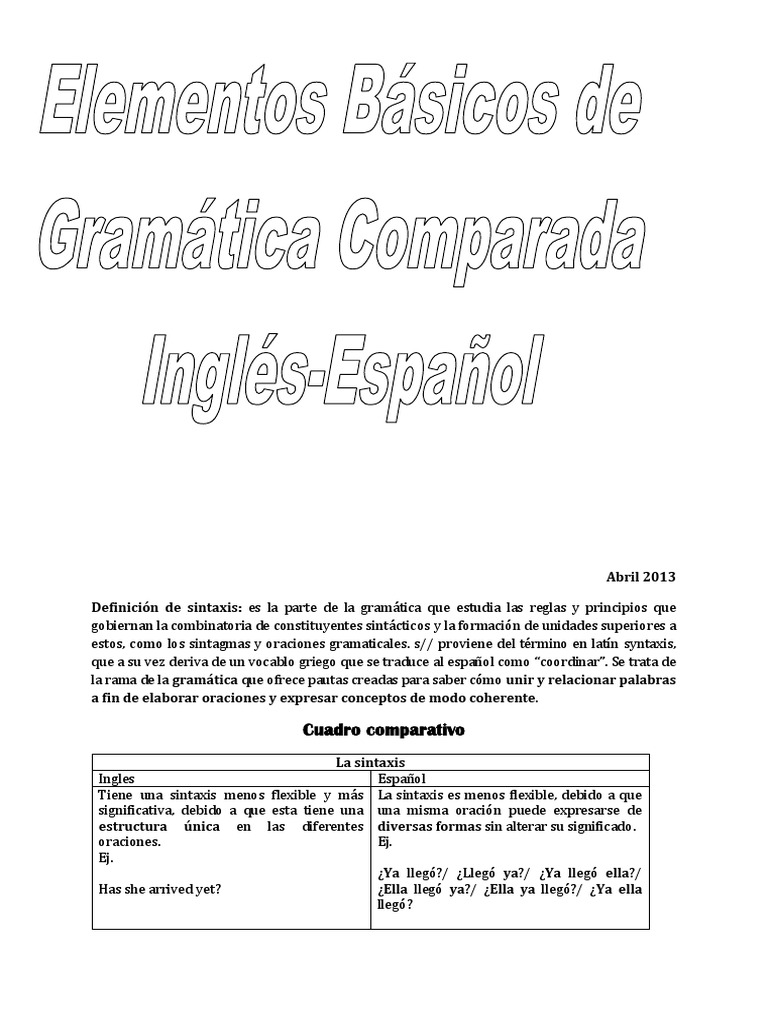 Elementos Básicos de Gramatica Comparada | PDF | Sintaxis | Oración ...