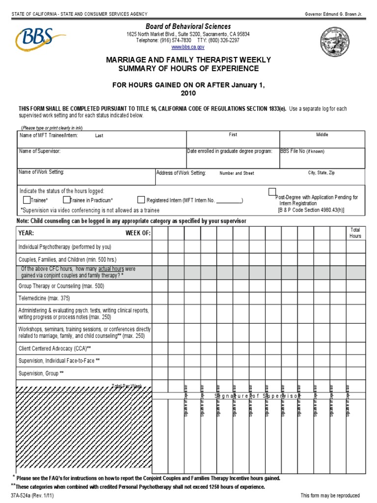 MFT - Weekly Summary of Hours and Experience Fillable Form | PDF