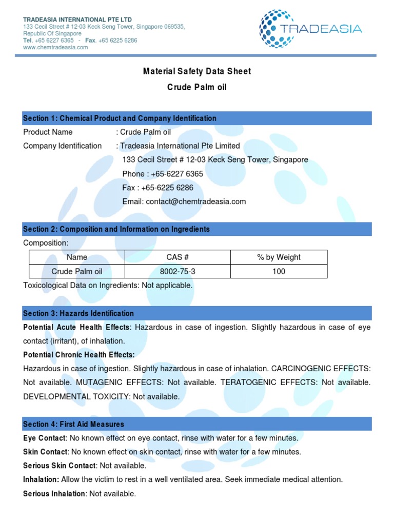MSDS Crude Palm Oil | PDF | Toxicity | Biodegradation