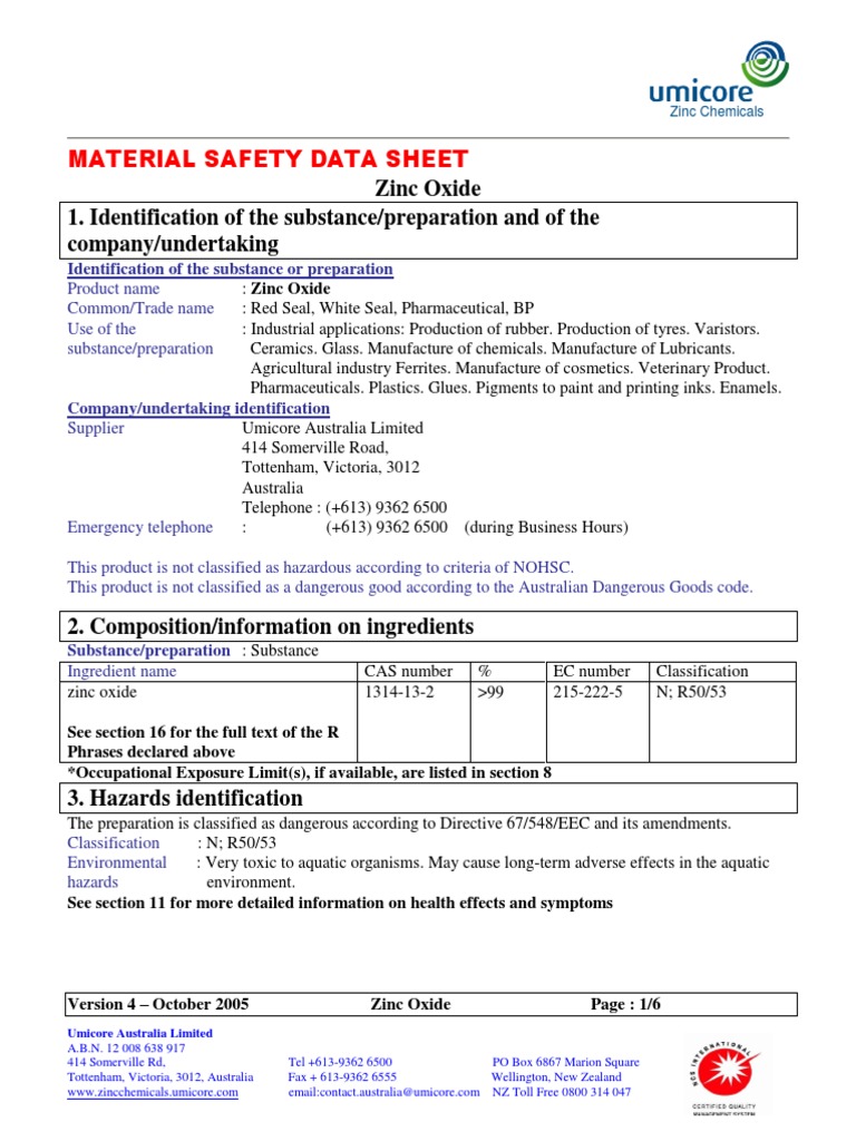 Zinc Oxide (Umicore) | PDF | Personal Protective Equipment | Toxicity