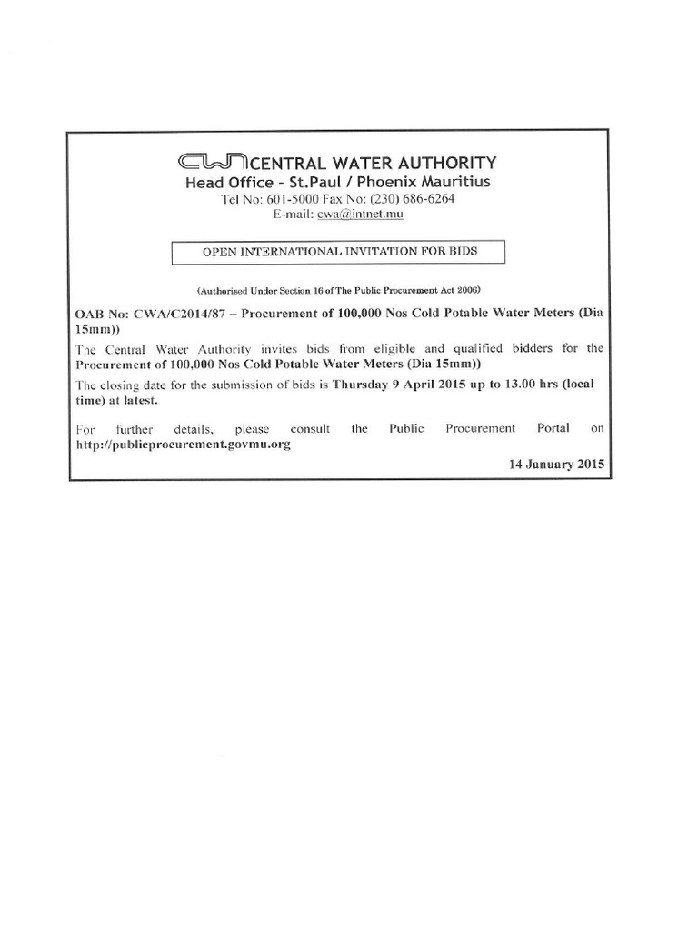 CWA Mauritius Tender | PDF