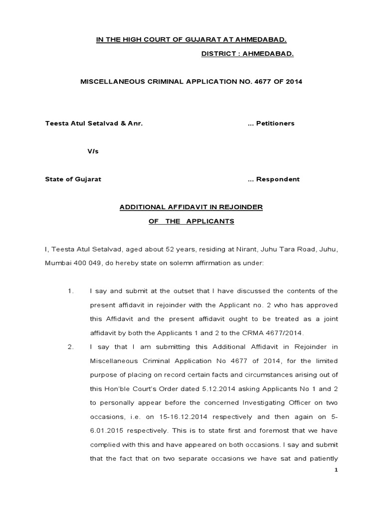 Teesta Setalvad affidavit in rejoinder | Government | Politics