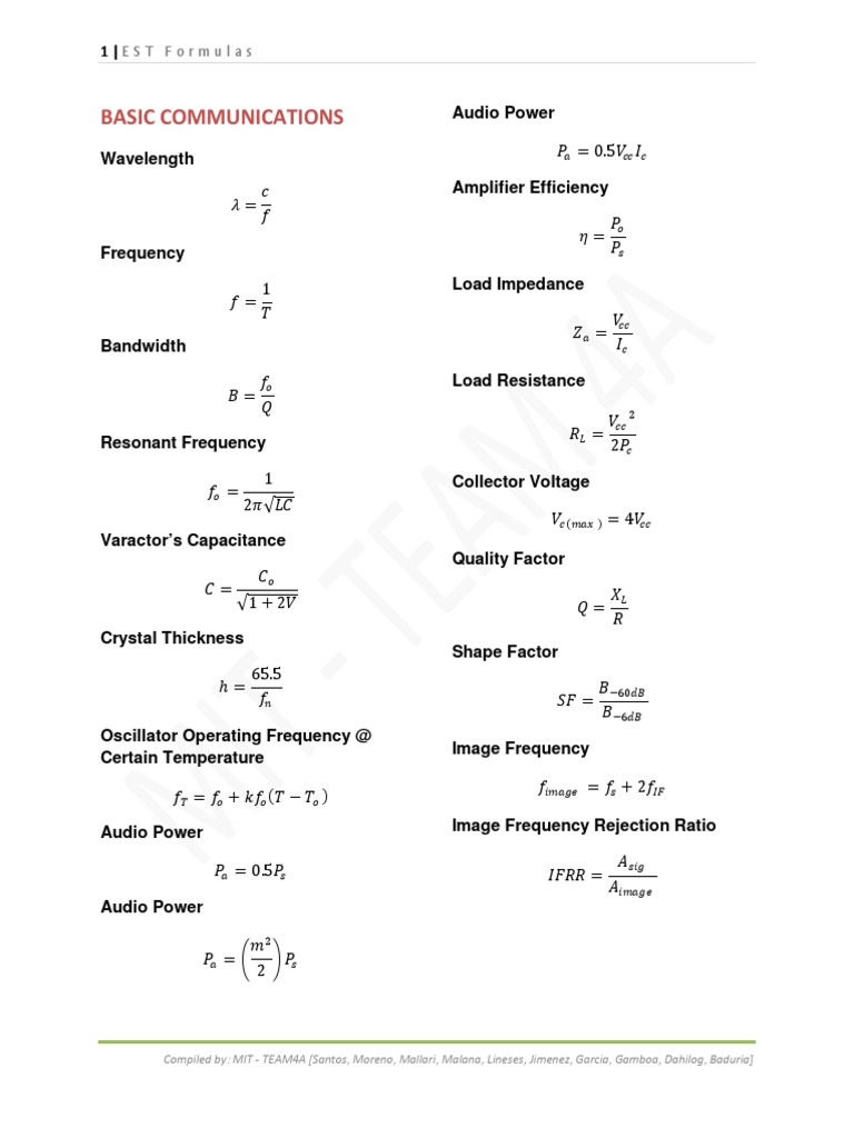 Est Formulas | PDF | Frequency Modulation | Waveguide
