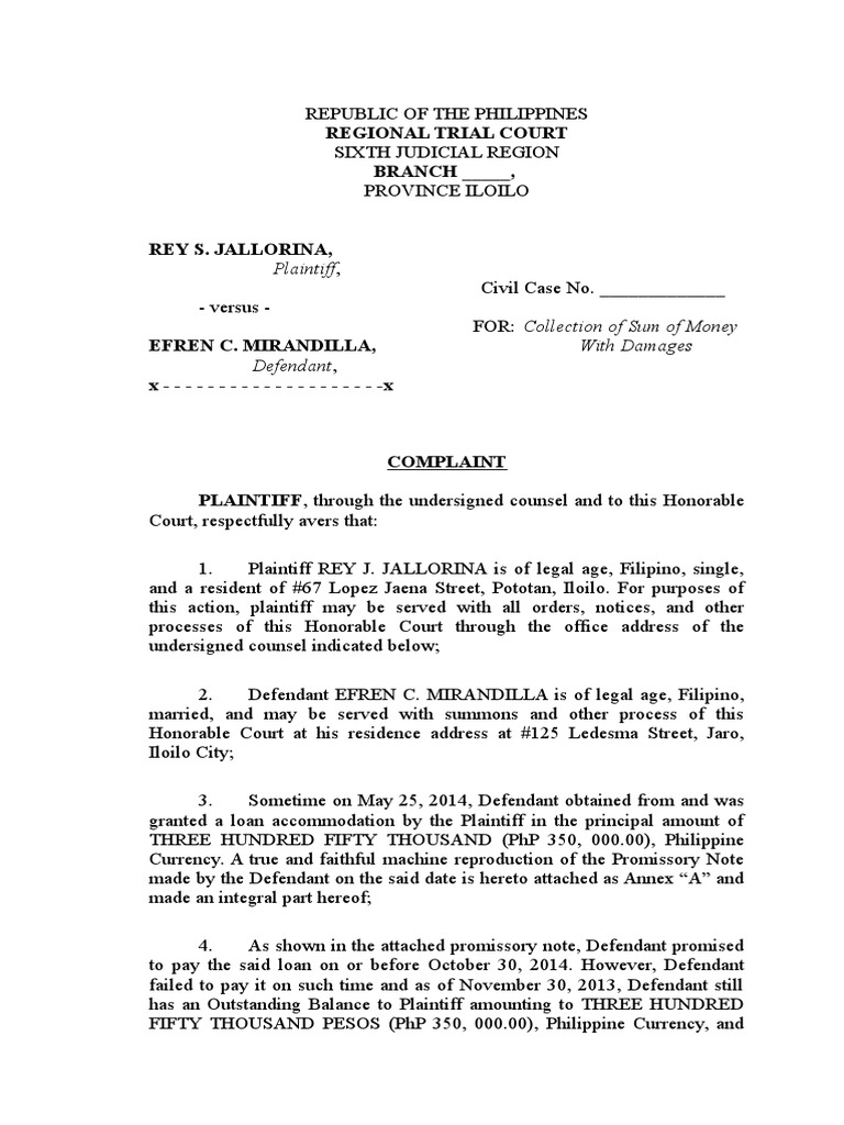 Complaint For Collection of Sum of Money | PDF | Promissory Note | Lawsuit