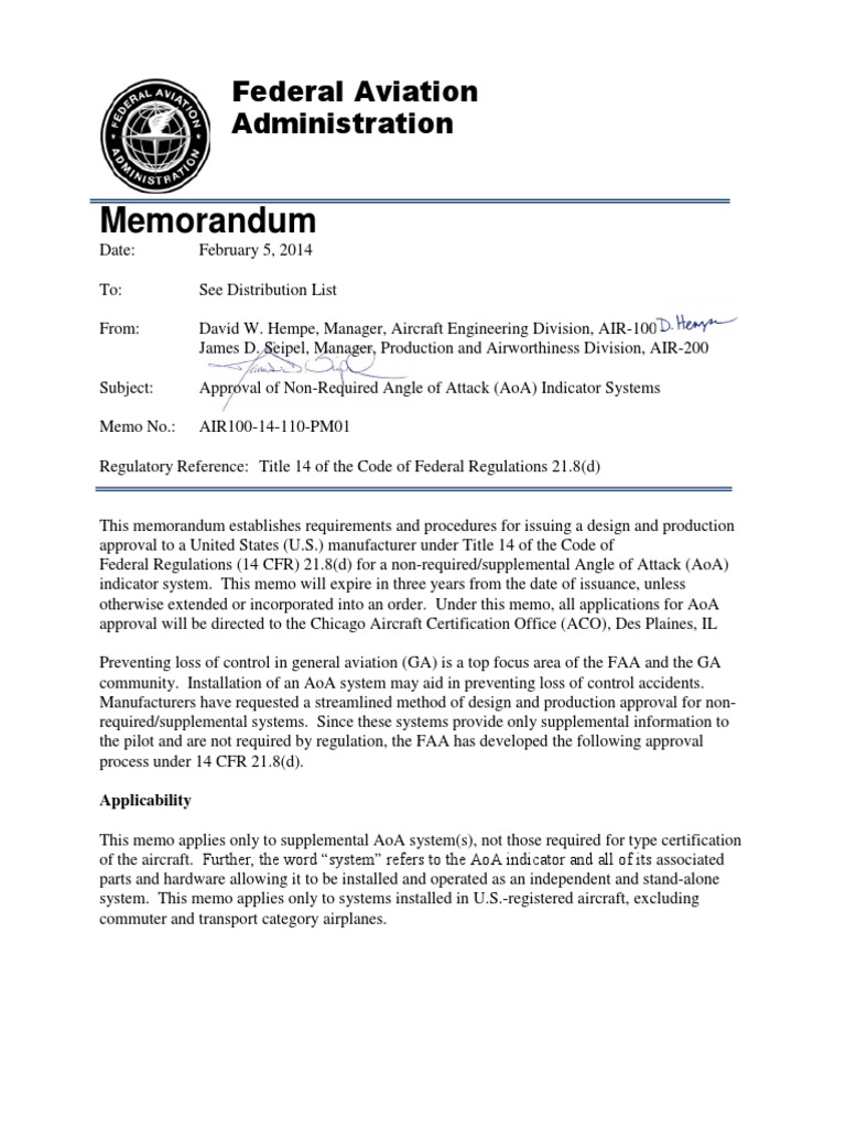 AoA Systems Approval (FAA Memo) | PDF | Federal Aviation Administration ...
