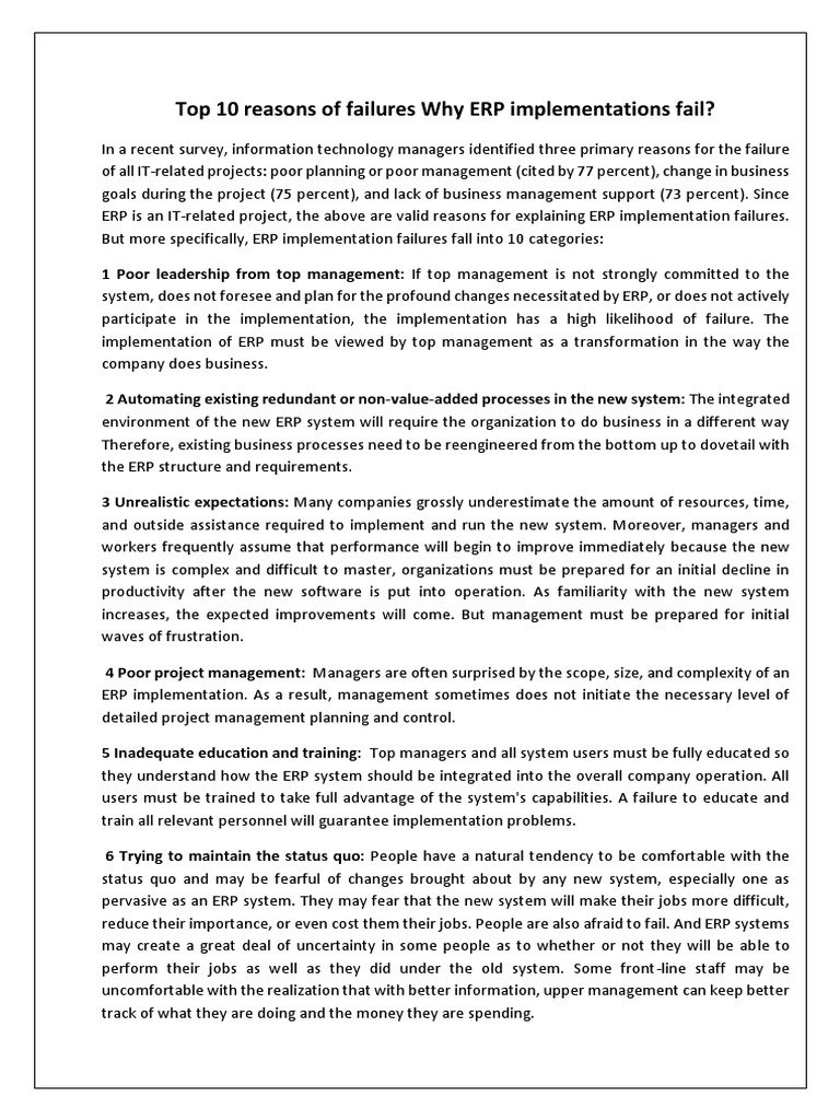 Top 10 Reasons of Failures Why ERP Implementations Fail | PDF | Enterprise Resource Planning ...