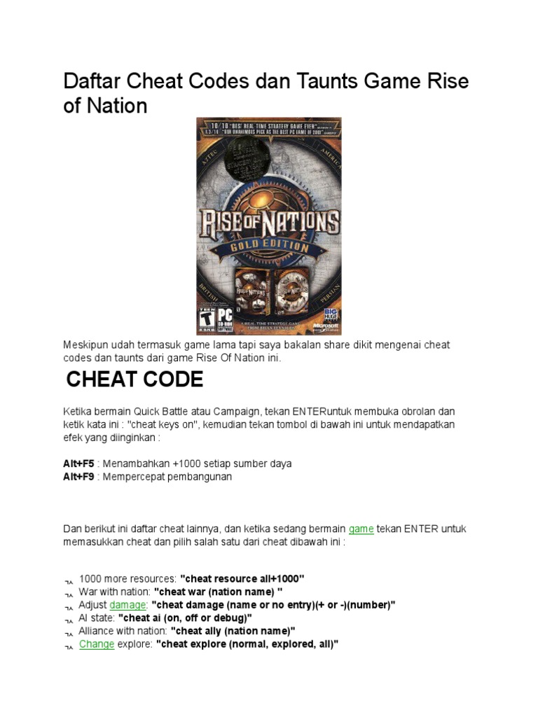 Daftar Cheat Codes Dan Taunts Game Rise of Nation | PDF | Armed ...