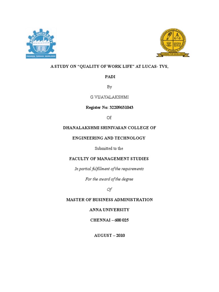 Quality of Work Life Project Report | PDF | Psychological Concepts | Labour