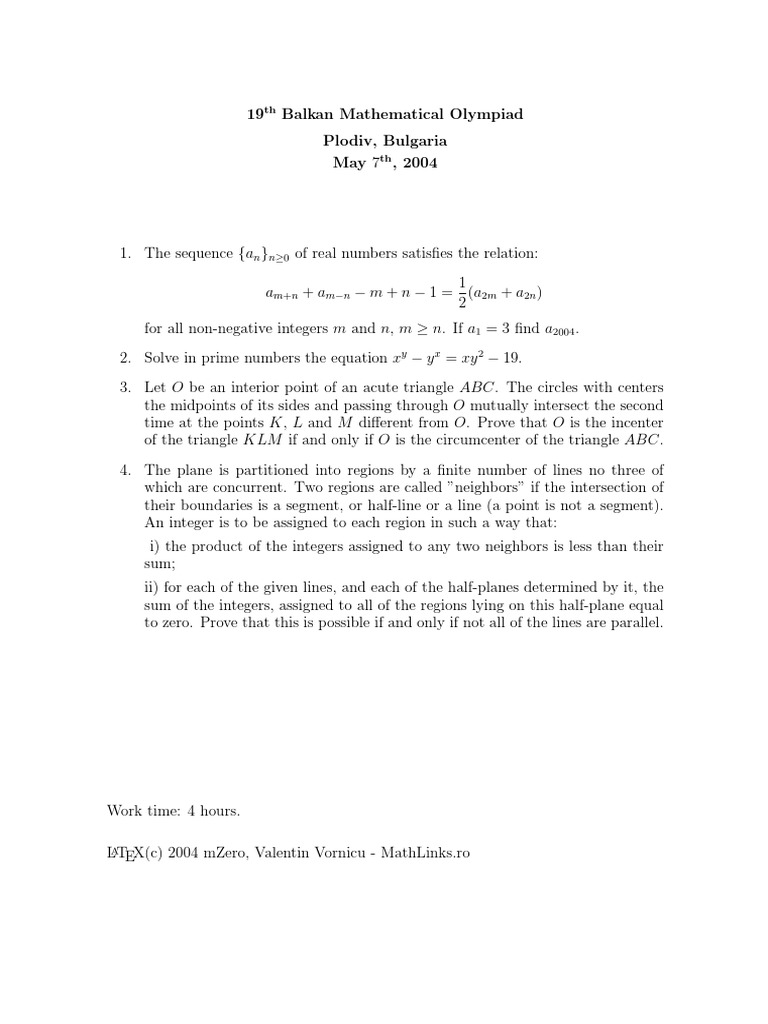 Balkan Math Olympiad 2004 | PDF