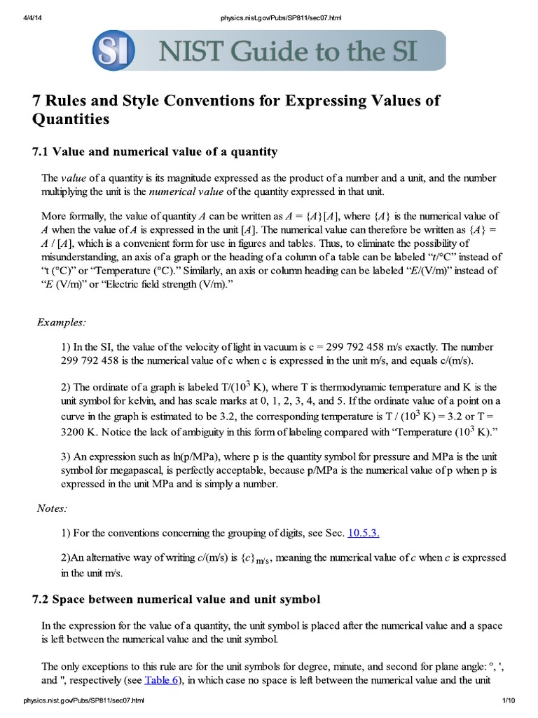7 Rules and Style Conventions For Expressing Values of Quantities | PDF