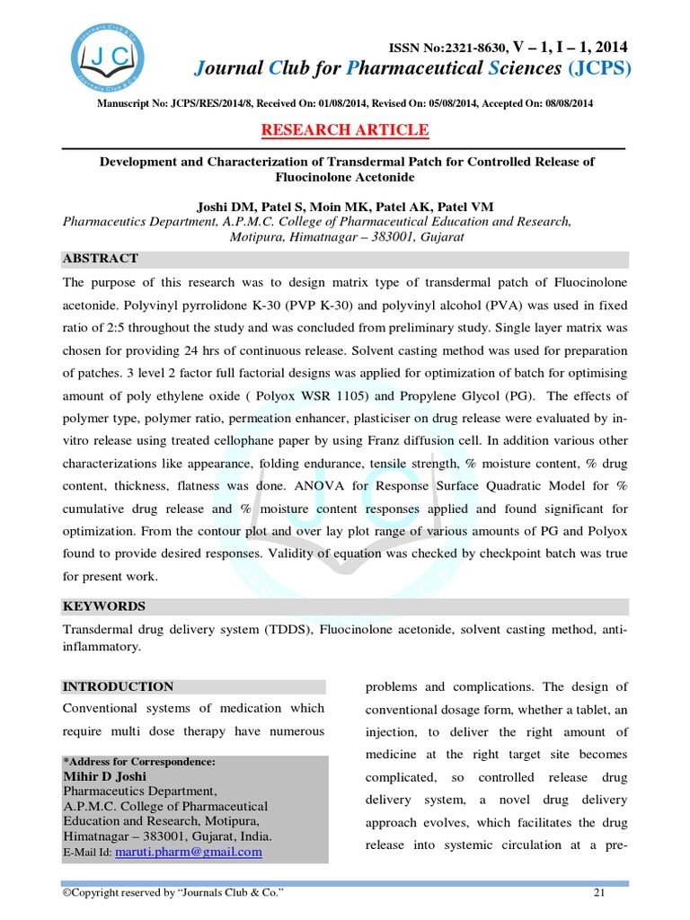 Development and Characterization of Transdermal Patch For Controlled Release of Fluocinolone ...