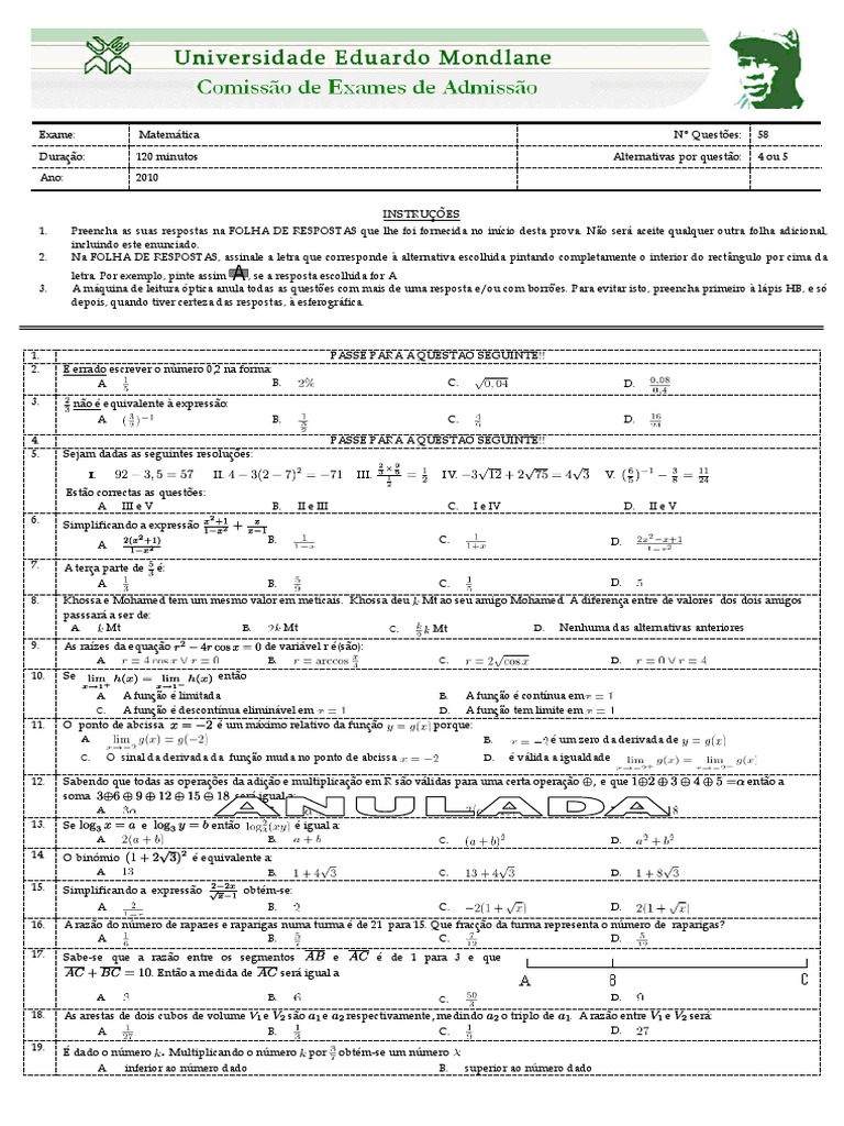 Exame de Admissão A UEM Matematica 2010 | PDF