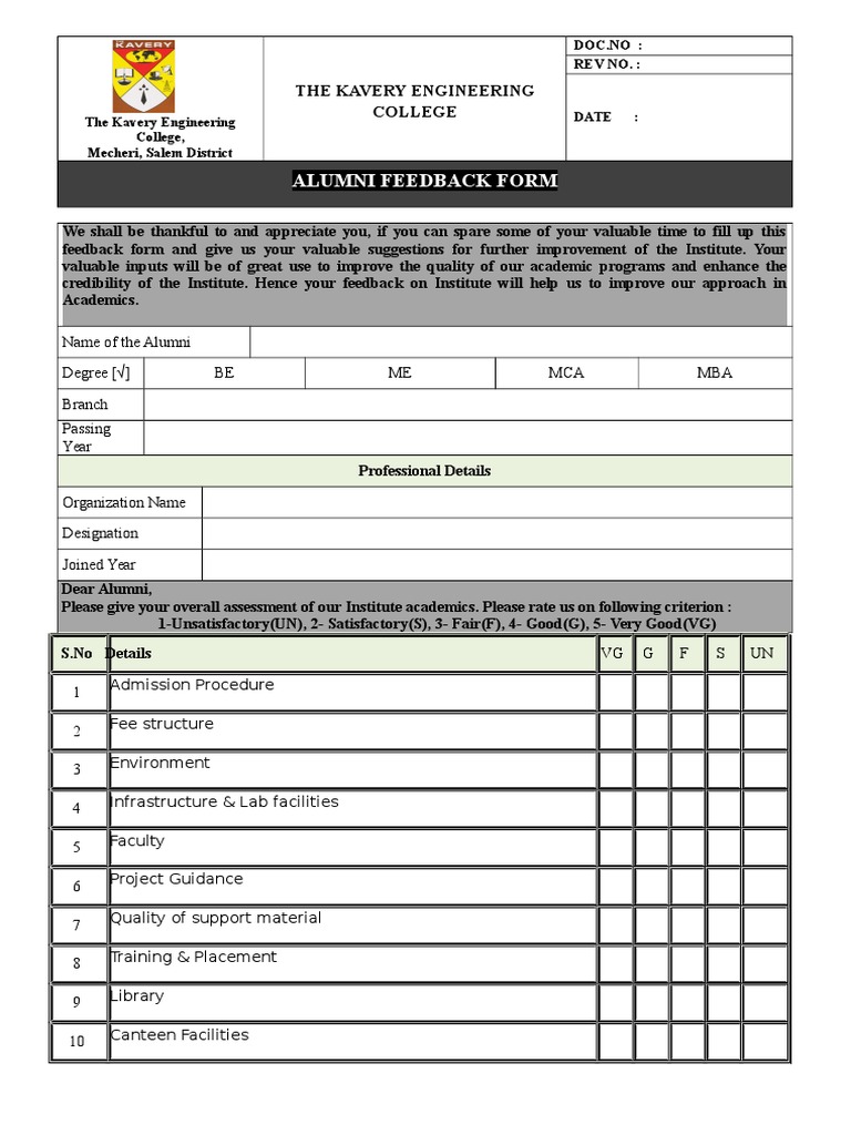Alumni Feedback Form: The Kavery Engineering College | PDF