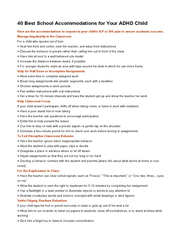 ADHD School Accommodations Guide | PDF | Homework | Test (Assessment)