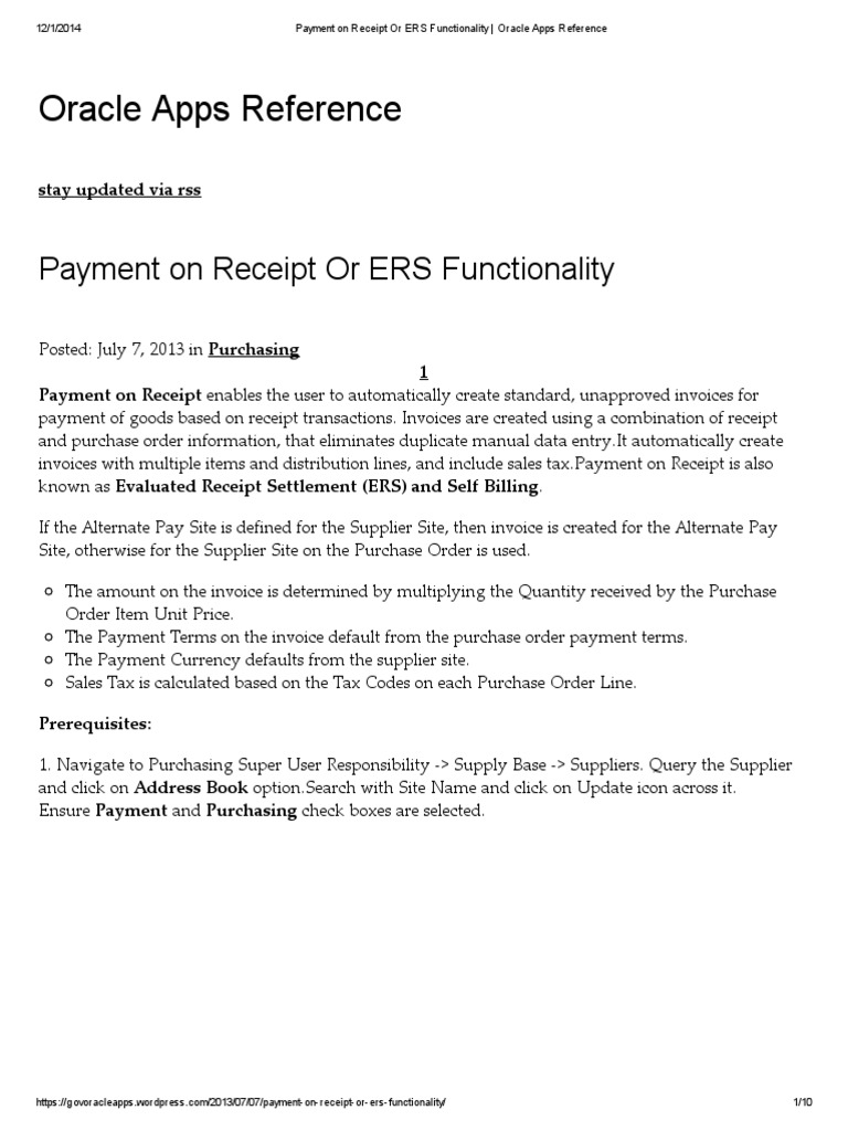 Payment On Receipt or ERS Functionality - Oracle Apps Reference | PDF ...