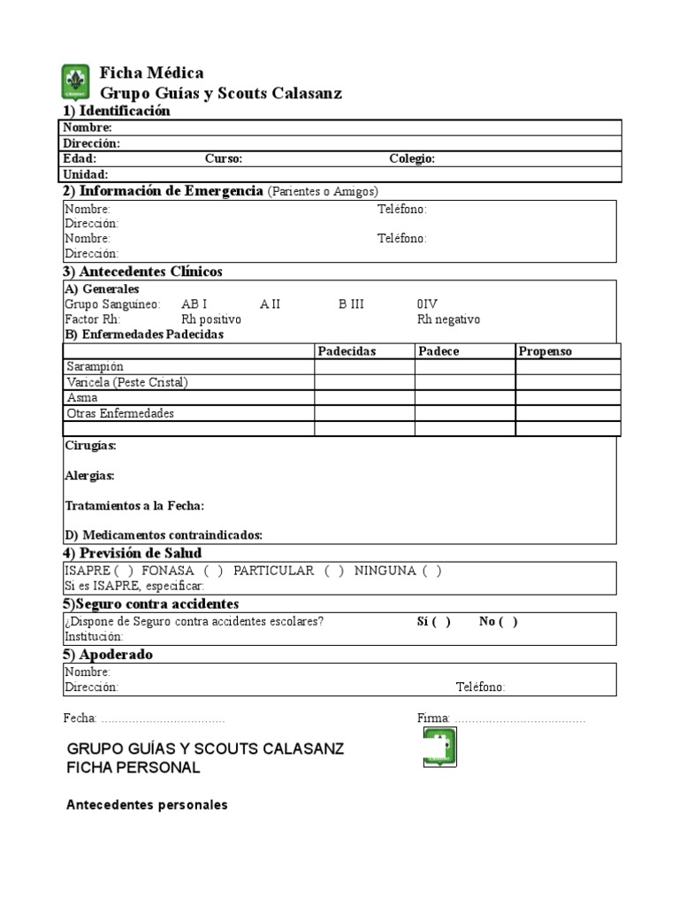 Ficha Médica y Personal Scouts Calasanz | PDF