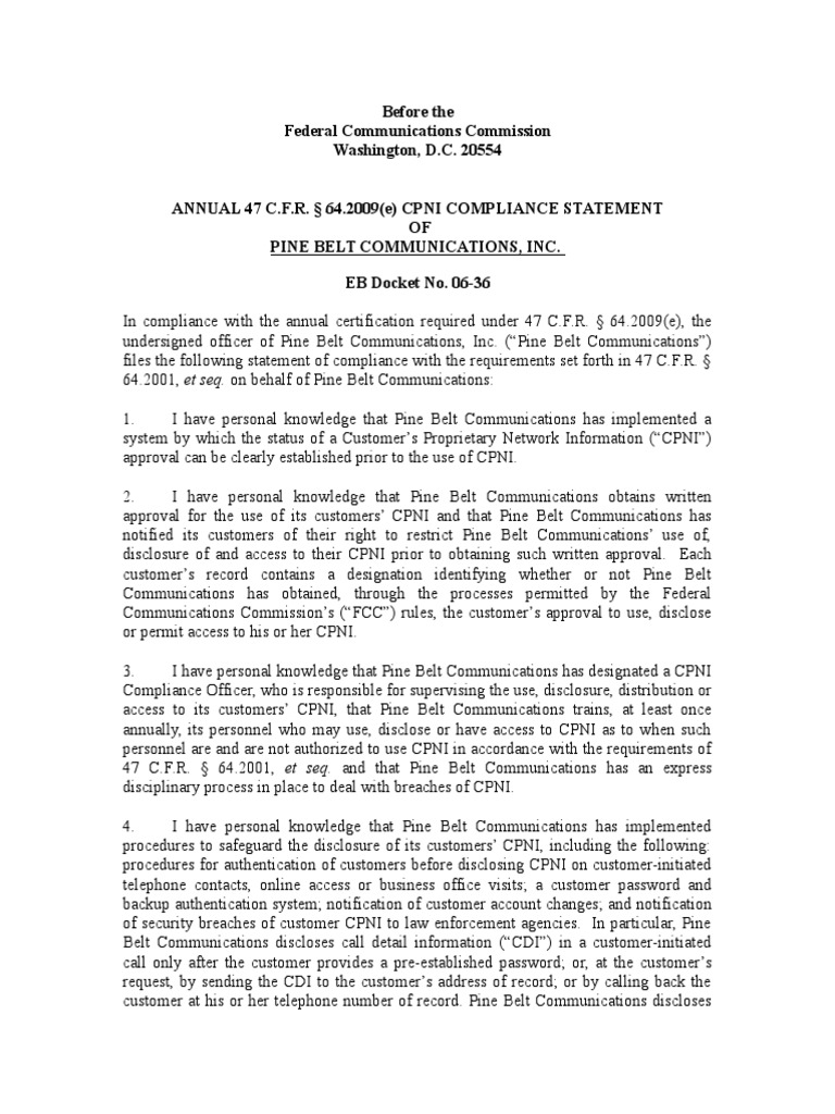 CPNI Compliance Statement | PDF | Federal Communications Commission ...